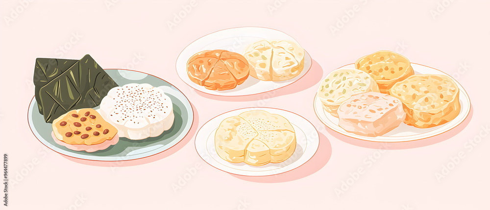 A flat illustration of traditional Chuseok foods, featuring songpyeon ...