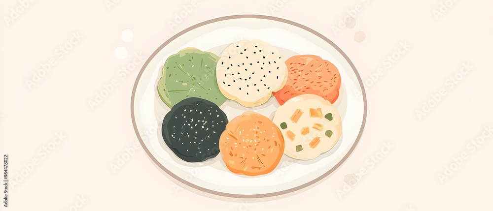 A flat illustration of traditional Chuseok foods, featuring songpyeon ...