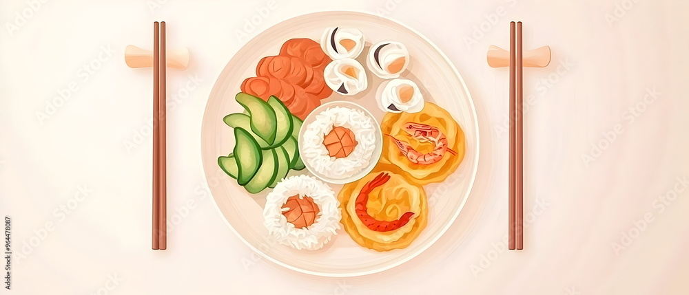 A flat illustration of traditional Chuseok foods, featuring songpyeon ...