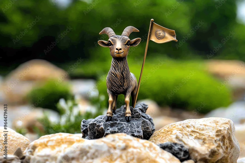 Funny statue, goat standing on two legs, waving a flag looks both proud ...