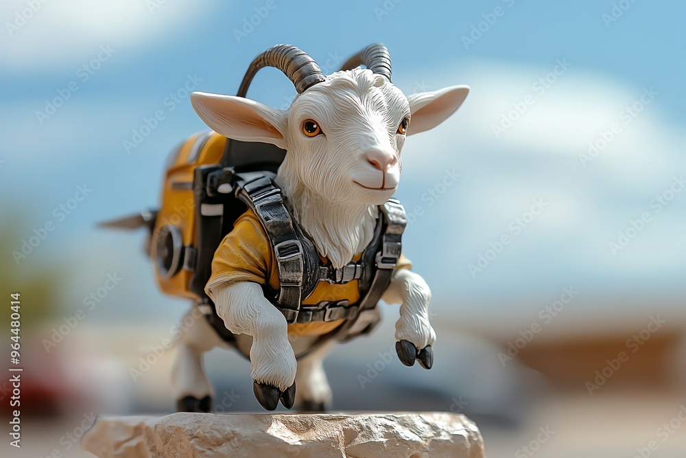 Funny statue, goat wearing a jetpack, preparing for takeoff combines ...