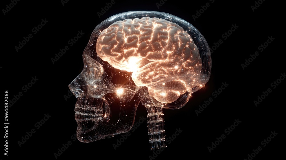 A transparent human skull showing a glowing, digitized brain, with ...
