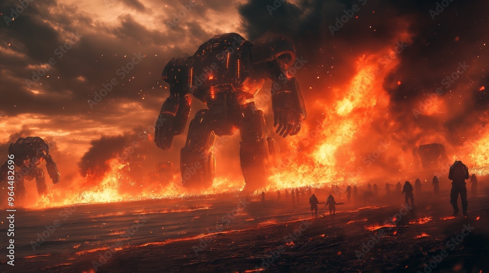 Giant robotic machines marching through fiery apocalyptic landscape ...