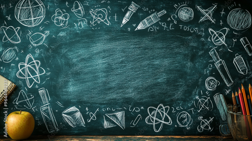 Green school chalkboard with playful doodles and blank copy space ...