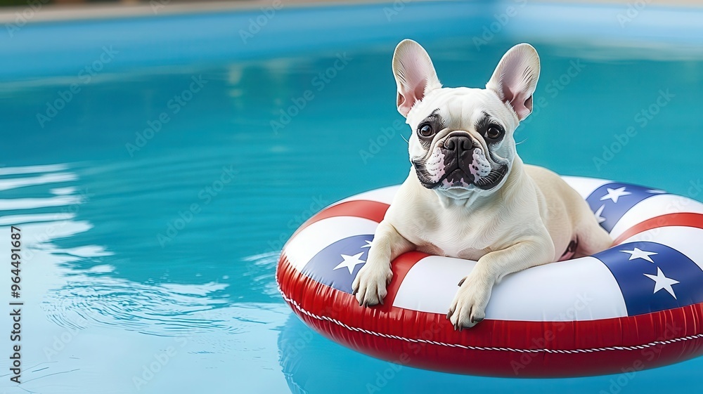 French Bulldog sketched on a pool float with a patriotic theme, hand ...