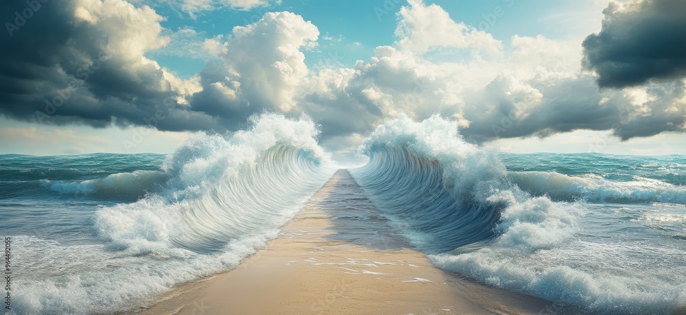 Ocean splitting open to create a wide pathway, portraying Moses parting ...