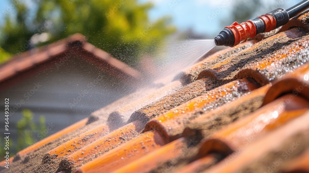 Water jet under high pressure washing dirt off a roof, removing debris ...