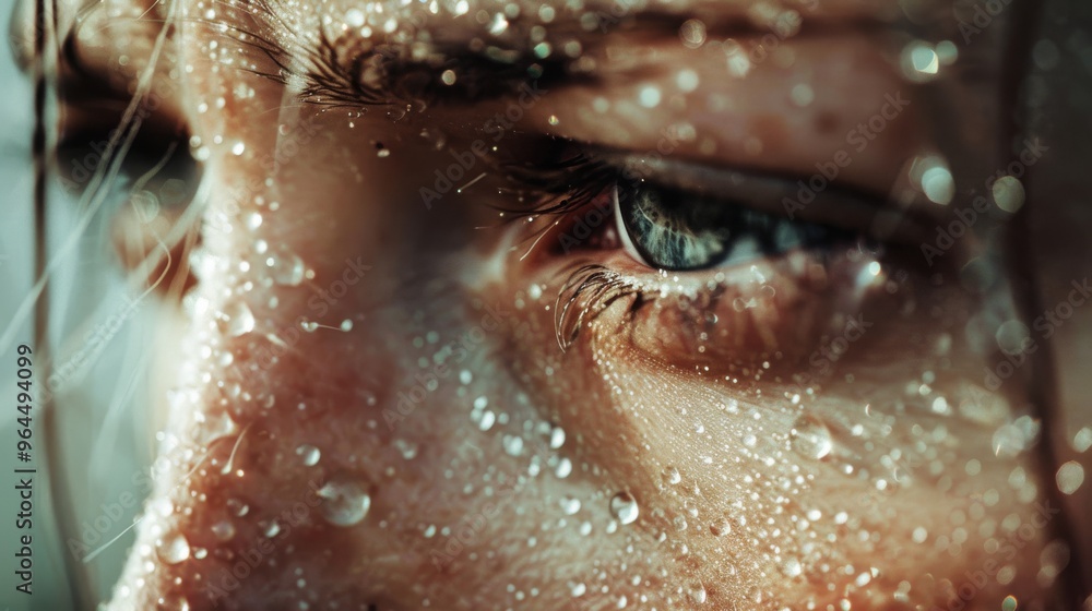 Close-up of a water-drenched face, with droplets clinging to the skin ...