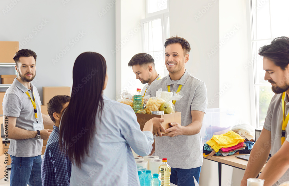 Volunteering people happy team, food bank box giving help to family ...