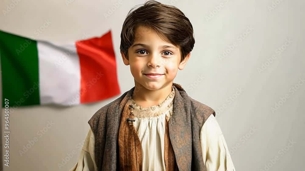 An Italian boy dressed in traditional clothing stands proudly beside ...