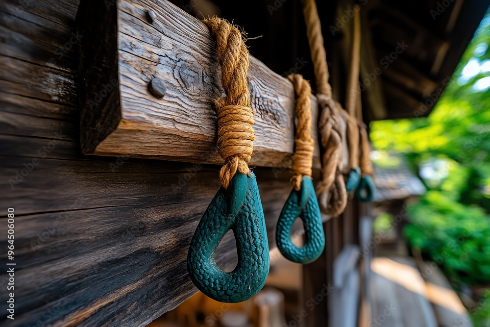 Japanese farm, traditional farm tools hanging on the wall, weathered ...