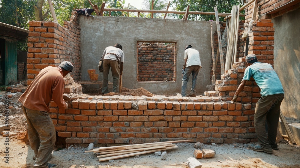 Traditional brick house being built. Skilled workers meticulously lay ...