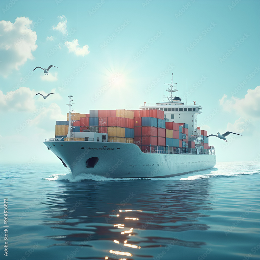 In a stunning digital masterpiece, a unique container ship adorns its ...