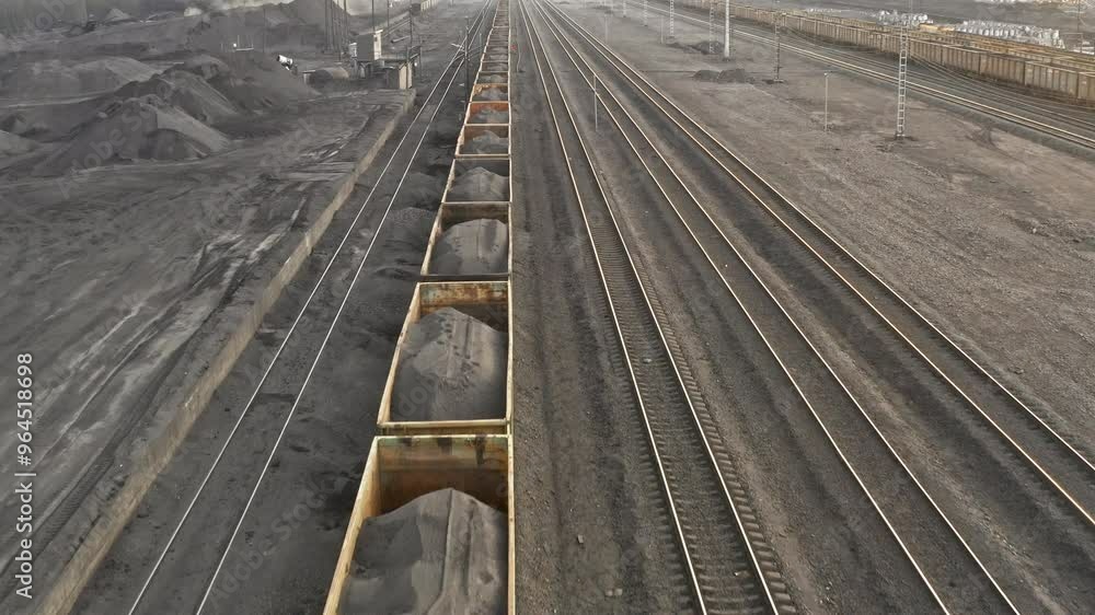 Railway station for loading coal. Wagons of freight train aerial view ...