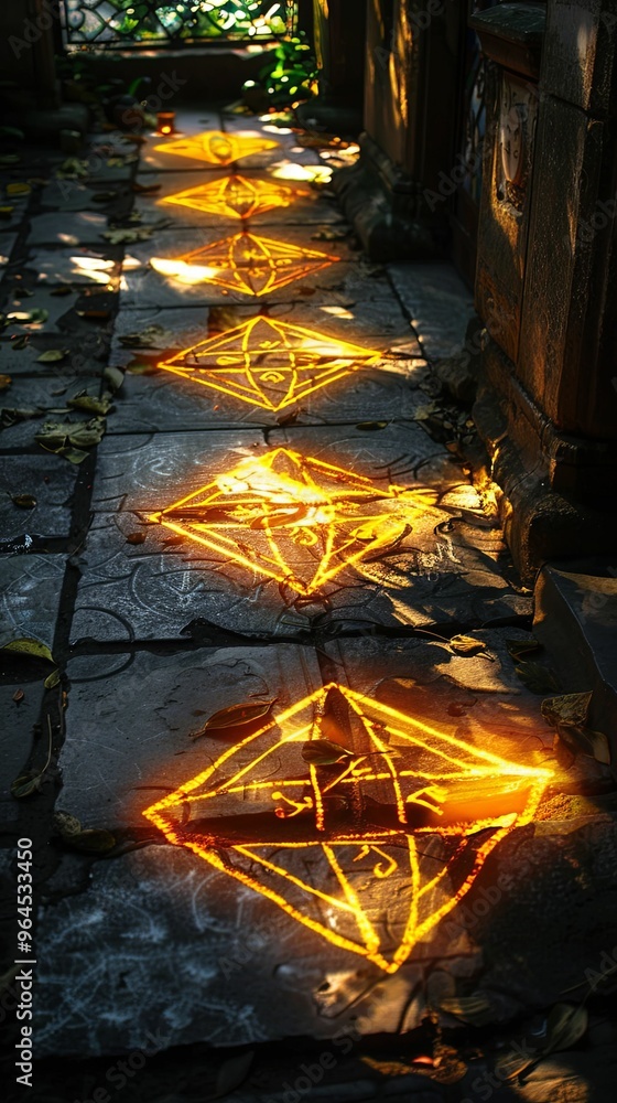 Magical symbols glow brightly as sunlight pours through the window of a ...
