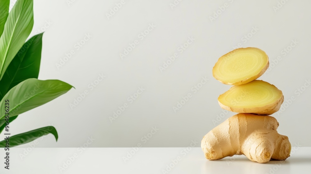 A stack of sliced ginger root sits on a white countertop with a green ...
