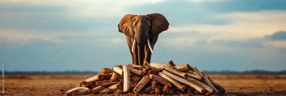 An elephant stands proudly over a large pile of ivory tusks ...