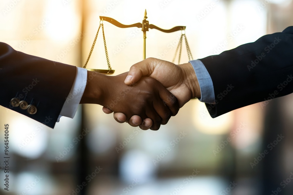 Two businessmen shake hands in front of a scale of justice, symbolizing ...