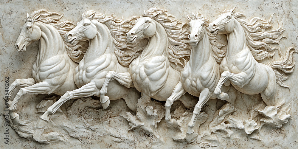 An intricate bas-relief sculpture depicting a multitude of galloping ...