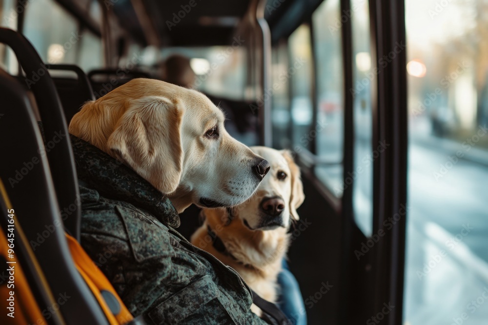 Person with a service dog on a public bus, street photography, with ...