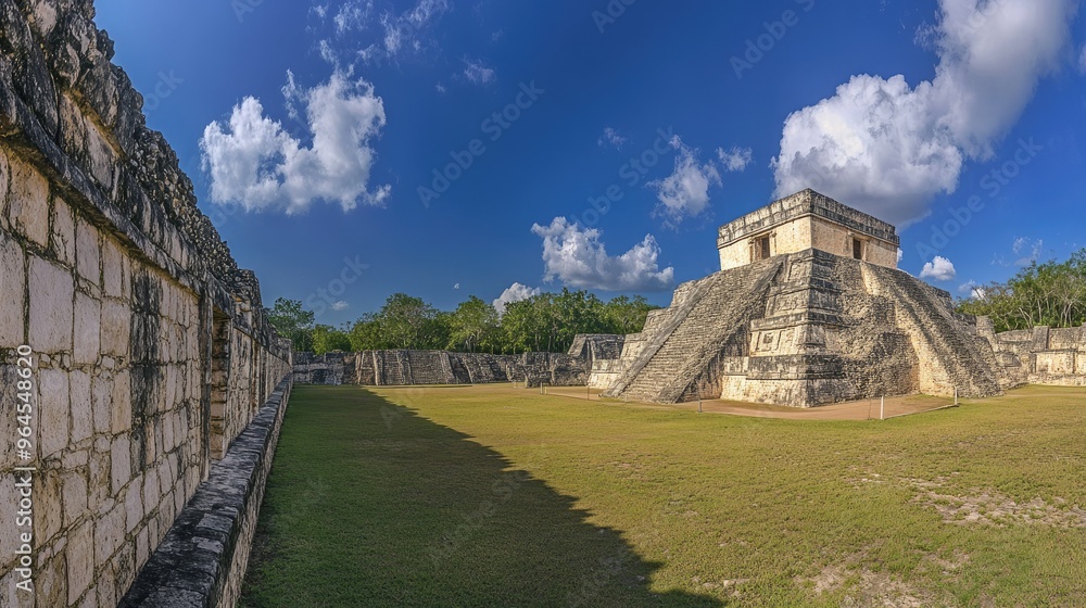 A panoramic view of the Great Ball Court at Chichen Itza, with the ...