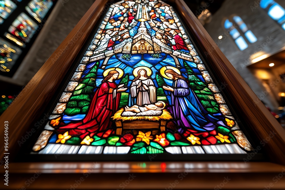 Stained glass window, depicting the nativity scene, sacred birth tells ...