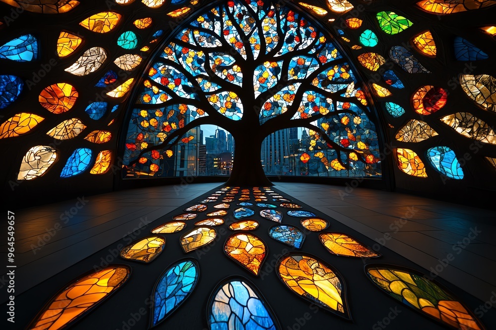 Stained glass window, depicting the tree of life, symbol of eternity ...