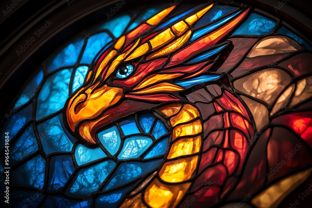 Stained glass window, featuring mythical creatures, dragons and ...