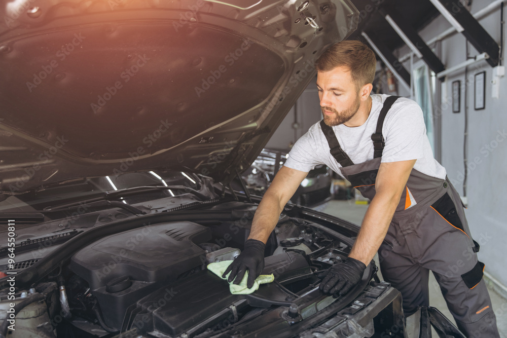 Mechanic in Overalls Cleaning a Car Engine with Cloth in Auto Repair ...