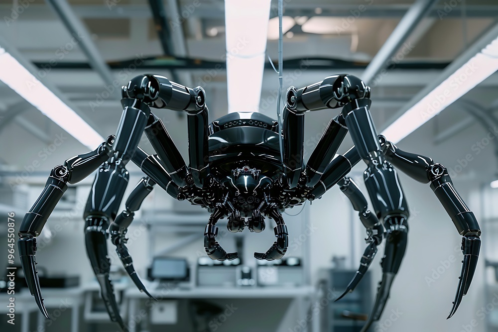 A glossy black robotic spider crawling across the ceiling of a high ...
