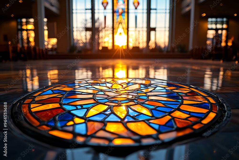 Stained glass window, shattered and restored, history preserved tells a ...