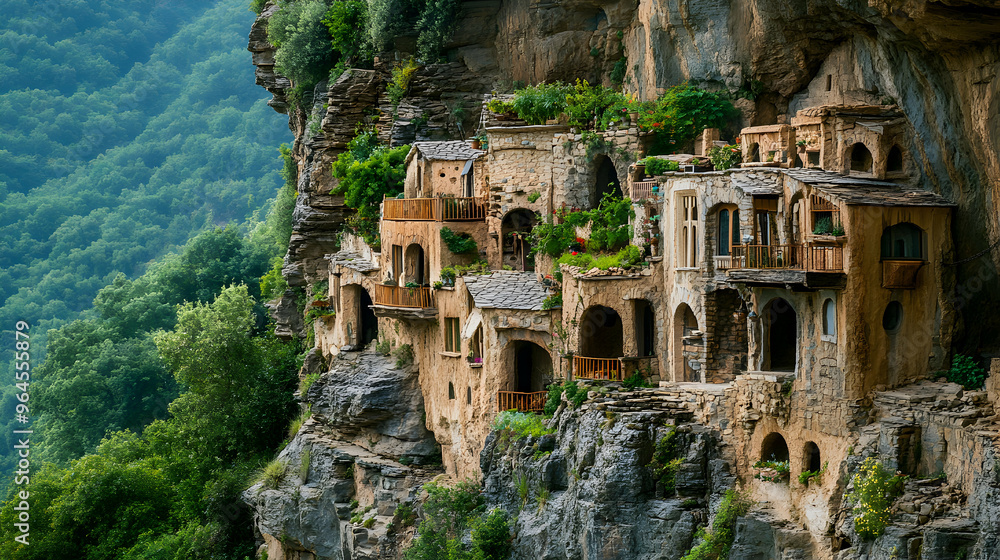 A whimsical village built into the side of a cliff, with tiny houses ...