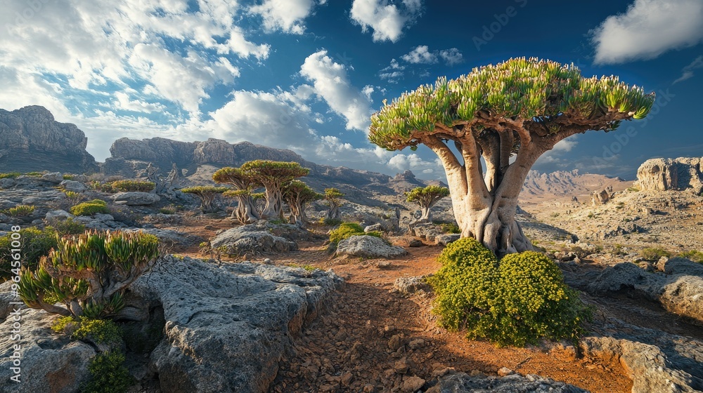 A wide-angle view of the otherworldly landscape of Socotra Island, with ...