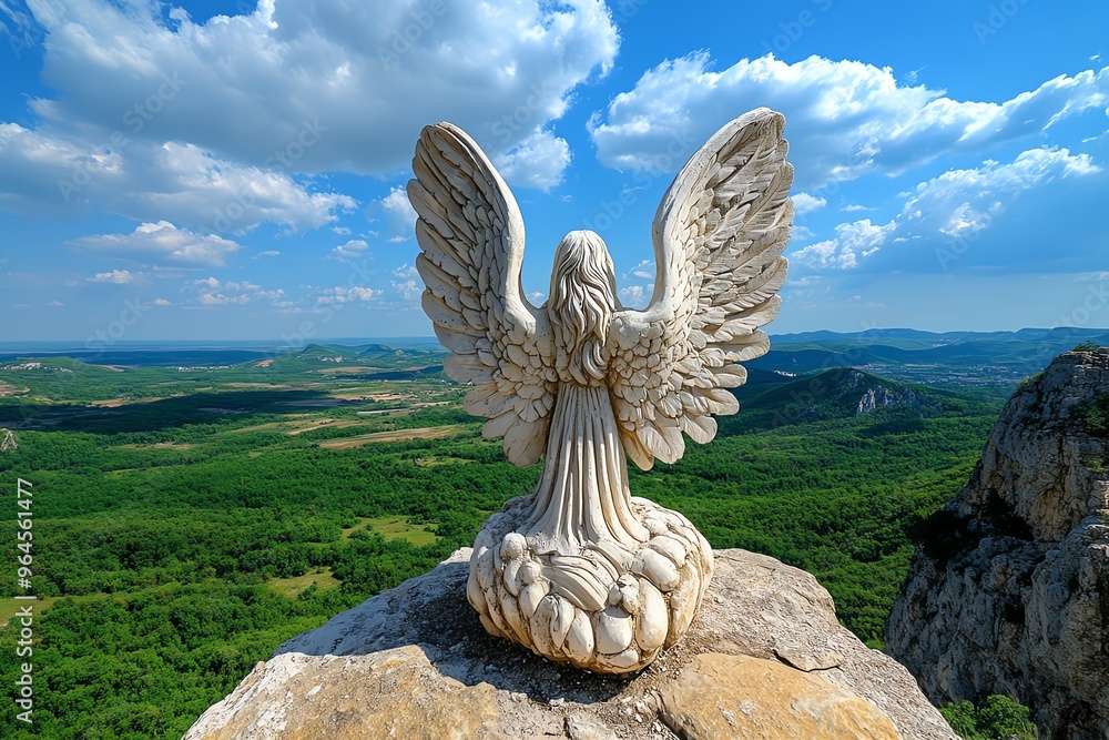 Stone angel, standing atop a hill, watching over the valley below ...