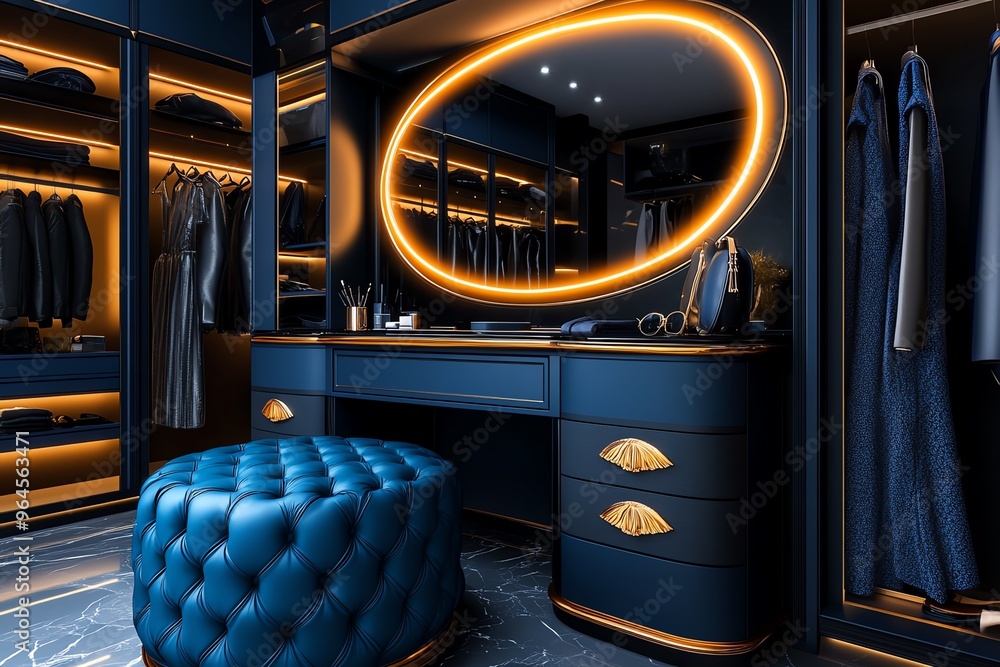 Vanity table in a luxurious walk-in closet, illustrated in a scene ...