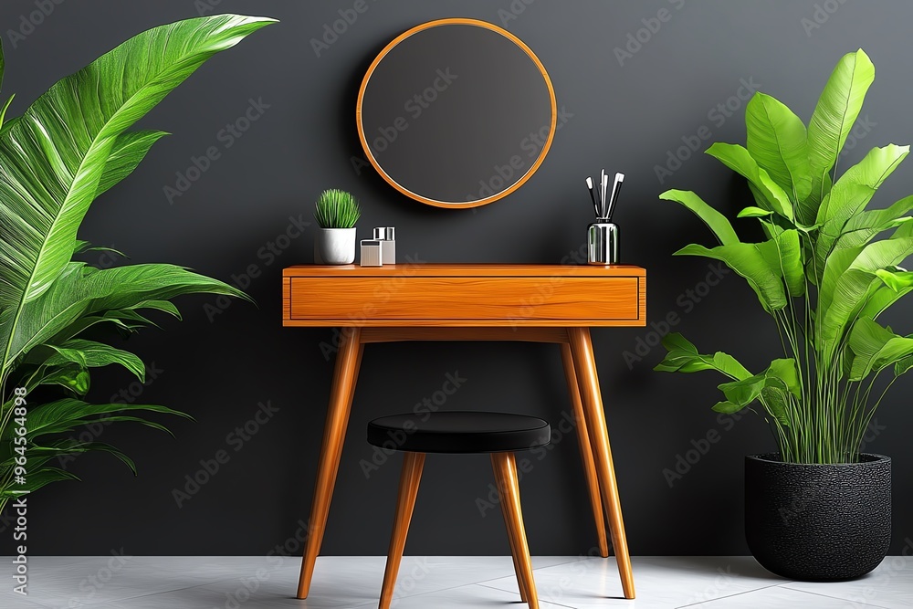 Vanity table with a mid-century modern design, illustrated in a scene ...