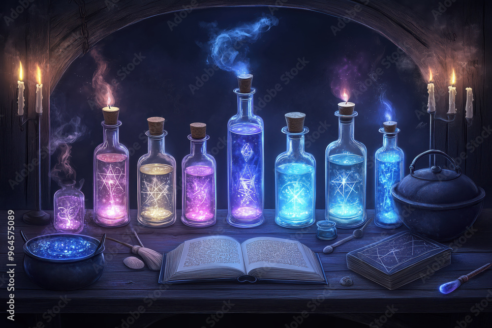 Arcane Alchemy: A mystical tableau of glowing potion bottles, ancient ...