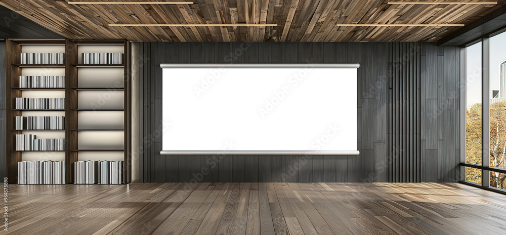 Modern home theater room with a large projector screen, wooden floor ...