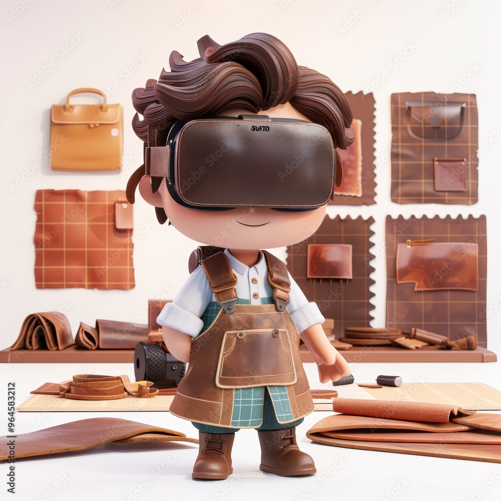 Cute Cartoon Character in VR Headset Exploring Leather Crafting ...