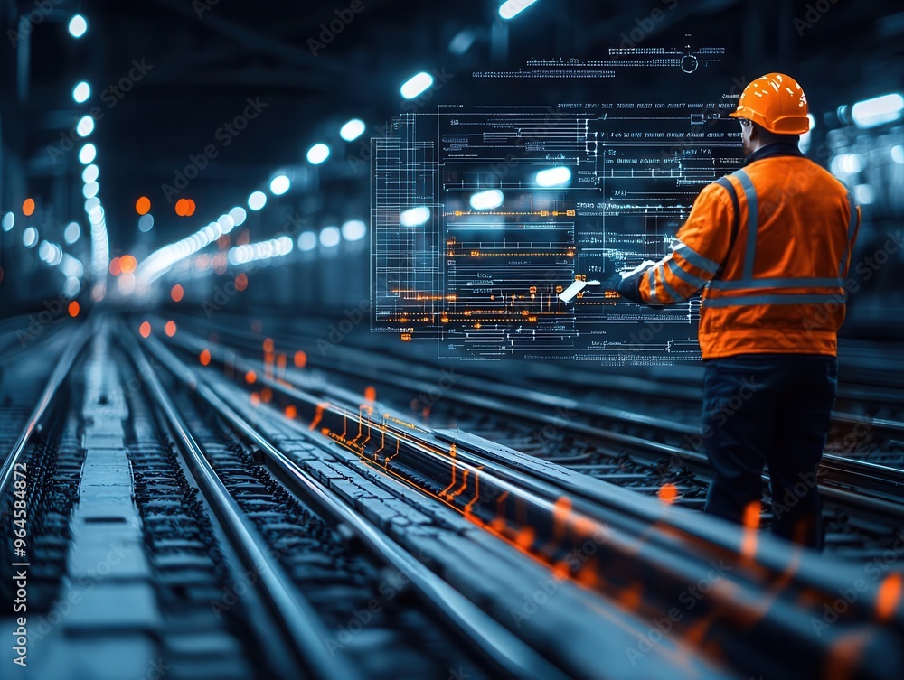 Double exposure of engineers working on railway tracks, blending with ...
