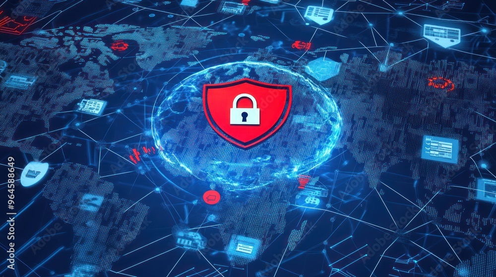 cyber security background with locked padlock on black and red emblem ...