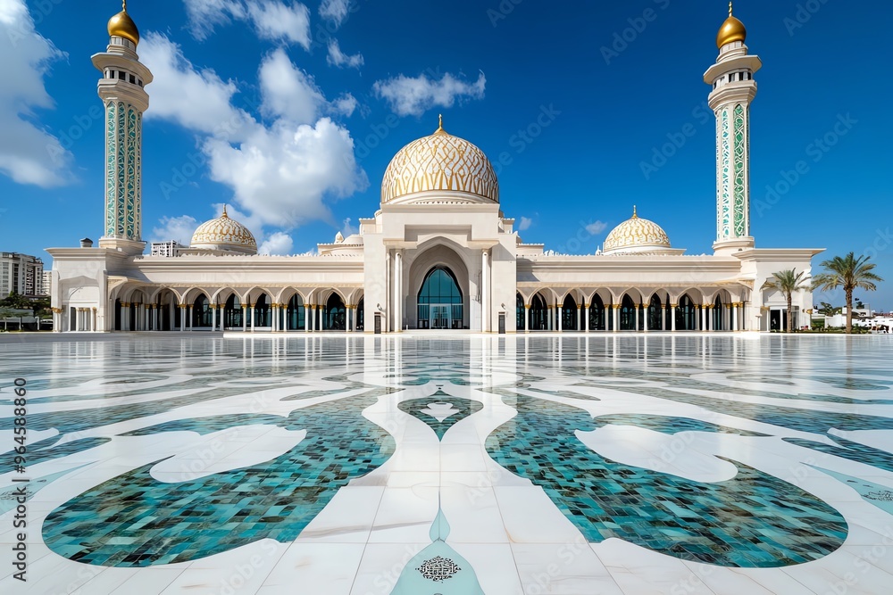 Imposing mosque, towering minarets, call to prayer fills the air with ...