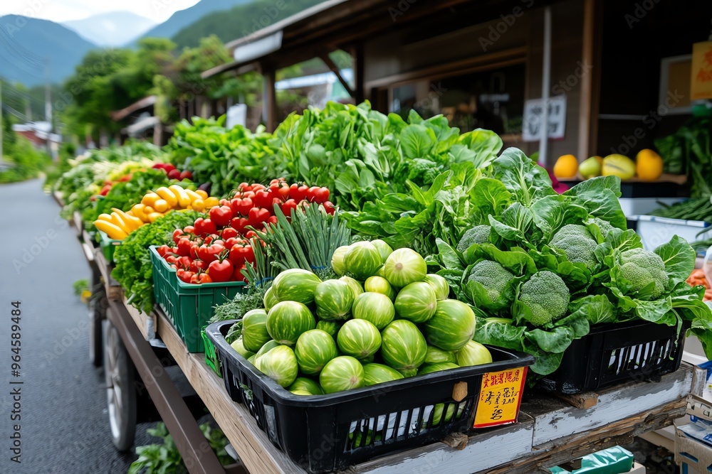 Japanese farm, hand-pulled cart loaded with fresh vegetables, market ...