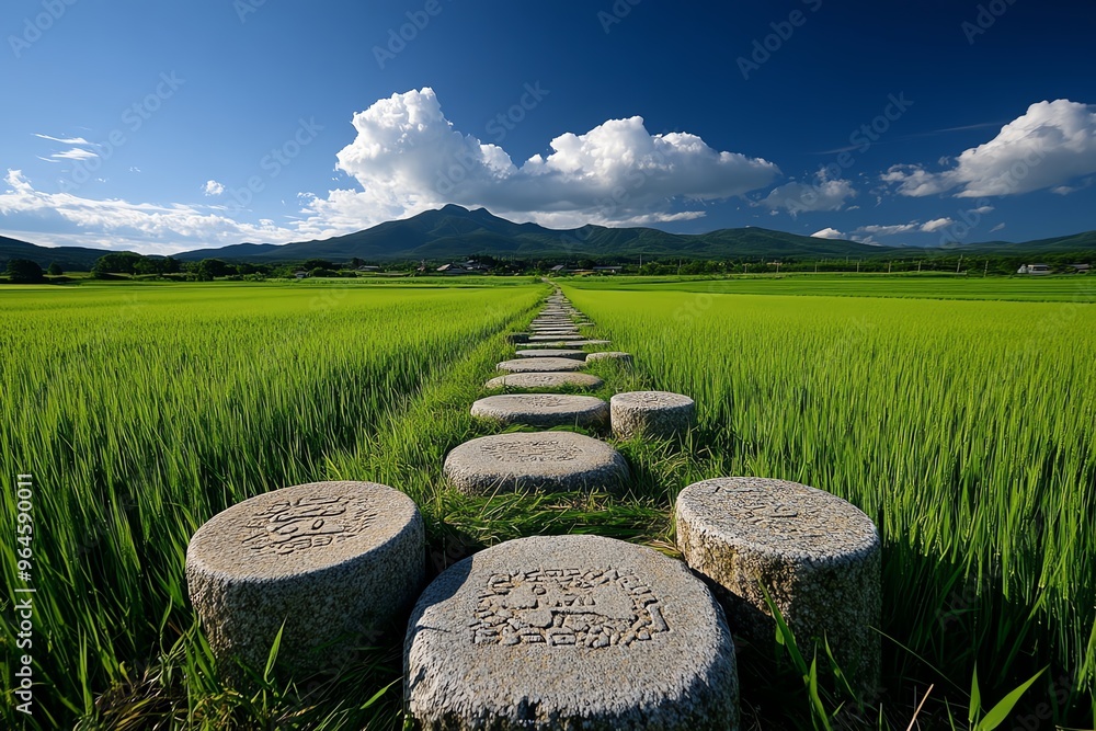Japanese farm, paths lined with stone markers, guiding the way provide ...