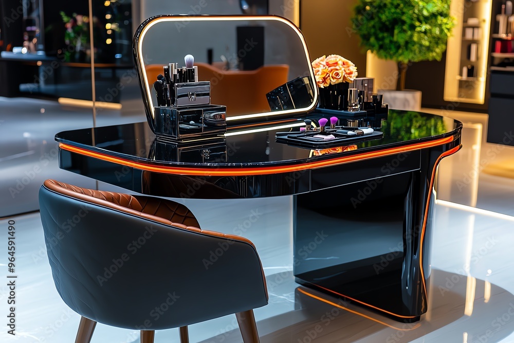 Modern vanity table with sleek design, depicted in an artwork where a ...