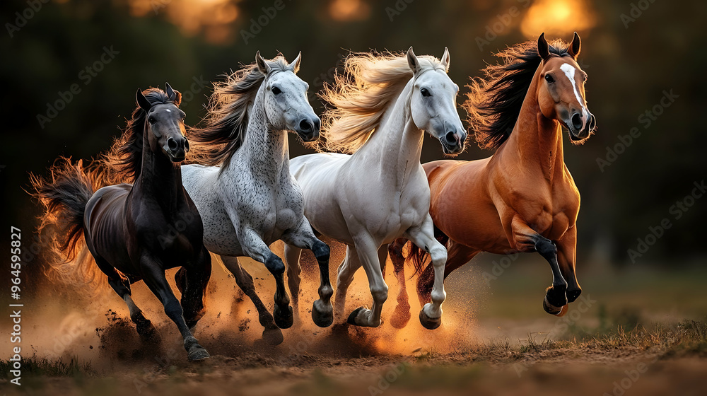 Four horses galloping together in a dynamic sunset scene. Stock Photo ...