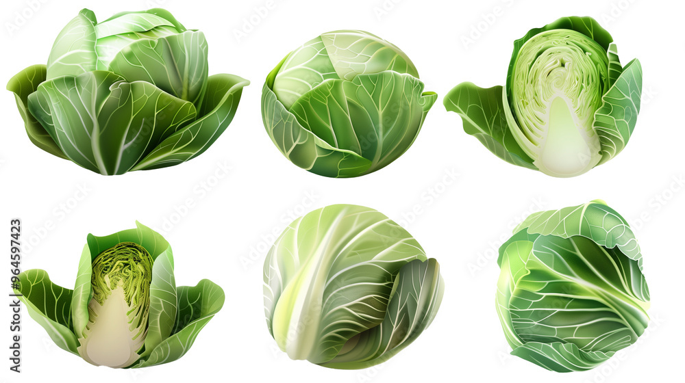 Cabbage, multiple angles view side top front group whole, cut, close ...