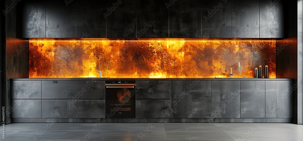 Modern kitchen with black cabinets and a backlit backsplash featuring a ...