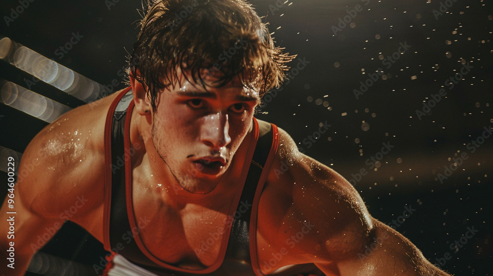 Medium close-up of a wrestler in a dominant pose after a successful ...