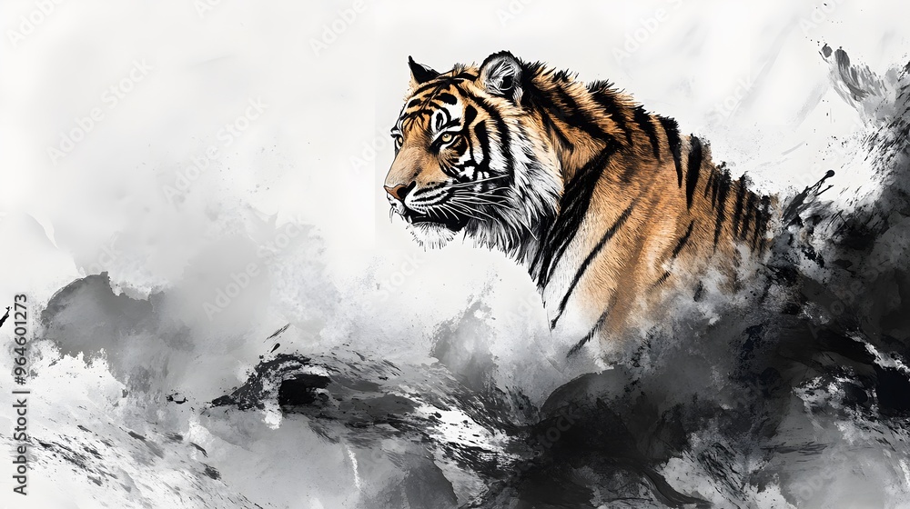 Tiger Chinese Zodiac in Ink Wash Style: A tiger painted in the ...